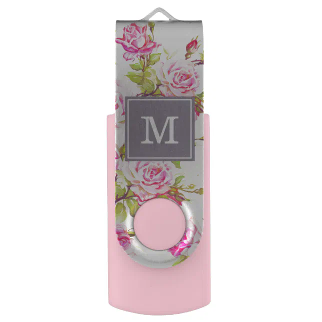 Custom Floral Pattern Old Roses Monogram USB Flash Drive | Zazzle