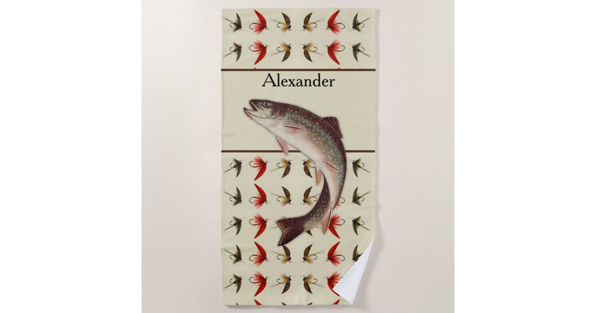Custom Fly Fishing Flies Rainbow Trout Rustic Beach Towel | Zazzle
