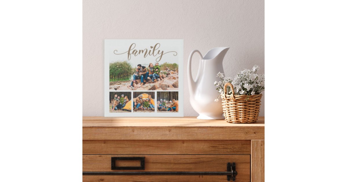Custom Four Family Photo Collage Cute Script Text Faux Canvas Print ...
