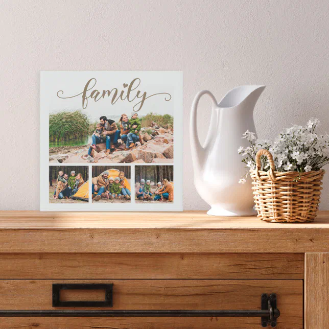 Custom Four Family Photo Collage Cute Script Text Faux Canvas Print ...