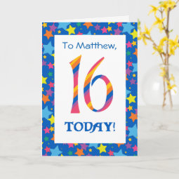 Custom Front 16th Birthday Bright Stripes, Stars Card | Zazzle