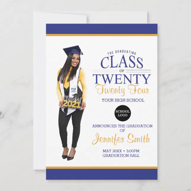 Custom Full Body Photo Blue and Yellow Graduation Invitation | Zazzle