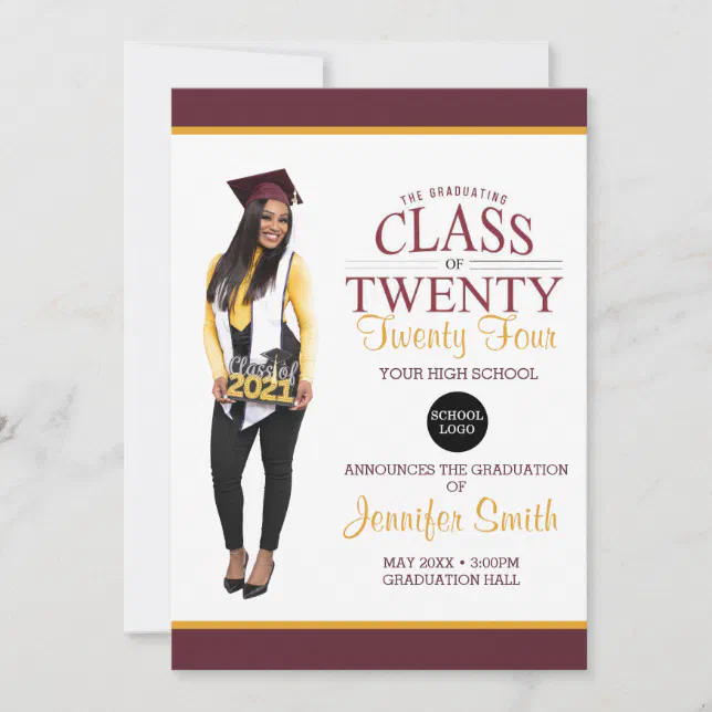 Custom Full Body Photo Maroon and Gold Graduation Invitation | Zazzle