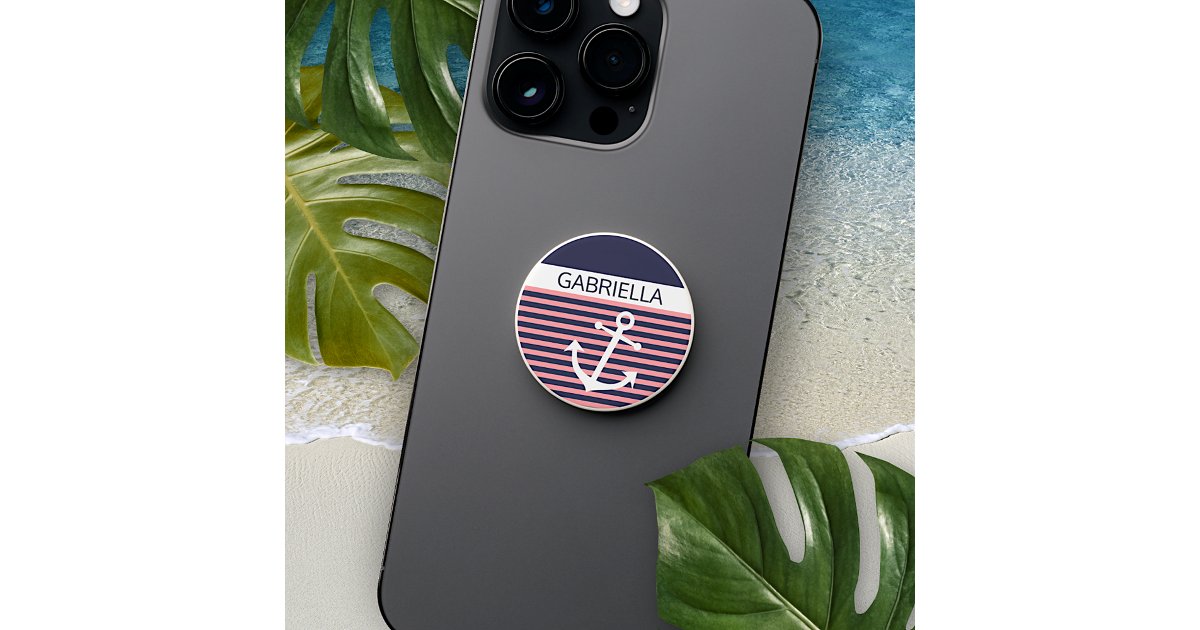Custom Fun Navy White Light Blush Pink Striped PopSocket | Zazzle