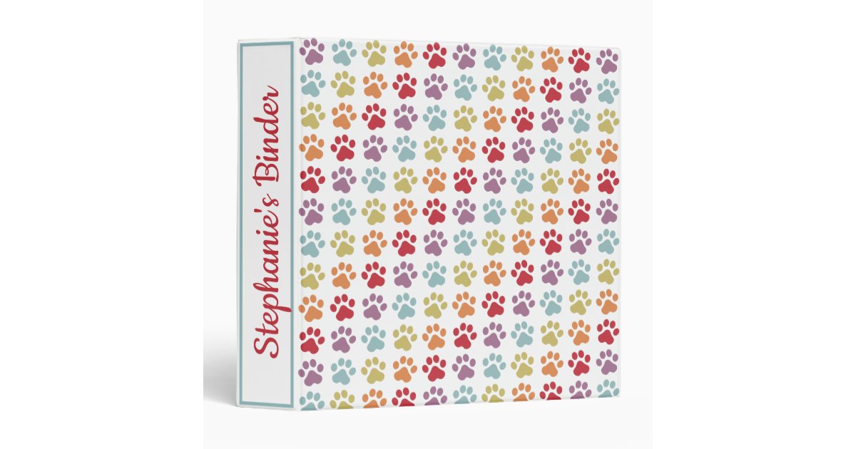 Custom Fun White Rainbow Color Paw Print Pattern 3 Ring Binder | Zazzle