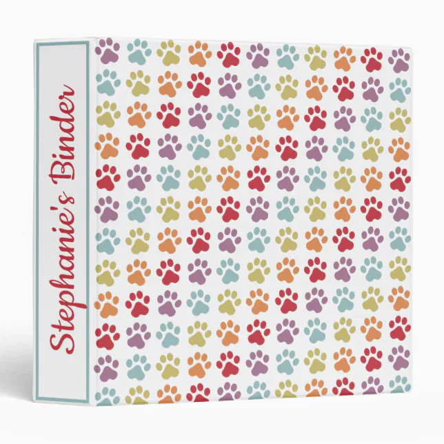 Custom Fun White Rainbow Color Paw Print Pattern 3 Ring Binder | Zazzle