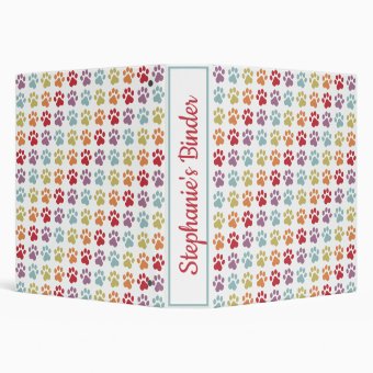 Custom Fun White Rainbow Color Paw Print Pattern 3 Ring Binder | Zazzle