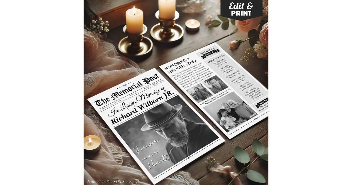 Custom Funeral Newspaper w Program, Memorial Card | Zazzle