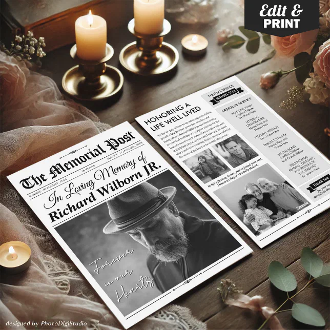Custom Funeral Newspaper w Program, Memorial Card | Zazzle