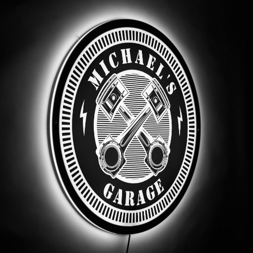 Custom Garage Name Retro Black White LED Sign | Zazzle