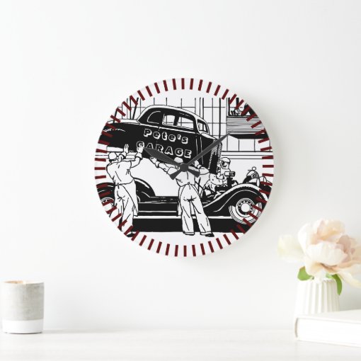 Custom GARAGE Wall Clock - Retro Car Mechanics | Zazzle