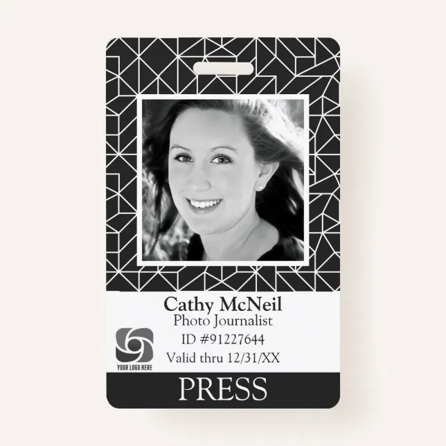 Custom Geometric Reporter Photographer BW Press ID Badge | Zazzle