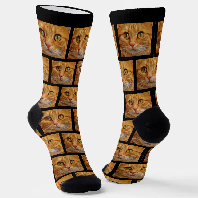 Custom Ginger Tabby Cat Photo on Black Crew Socks | Zazzle