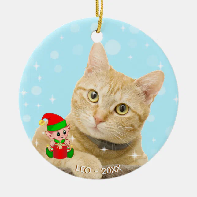 Custom Ginger Tabby Cat Photo with Cute Elf Ceramic Ornament | Zazzle