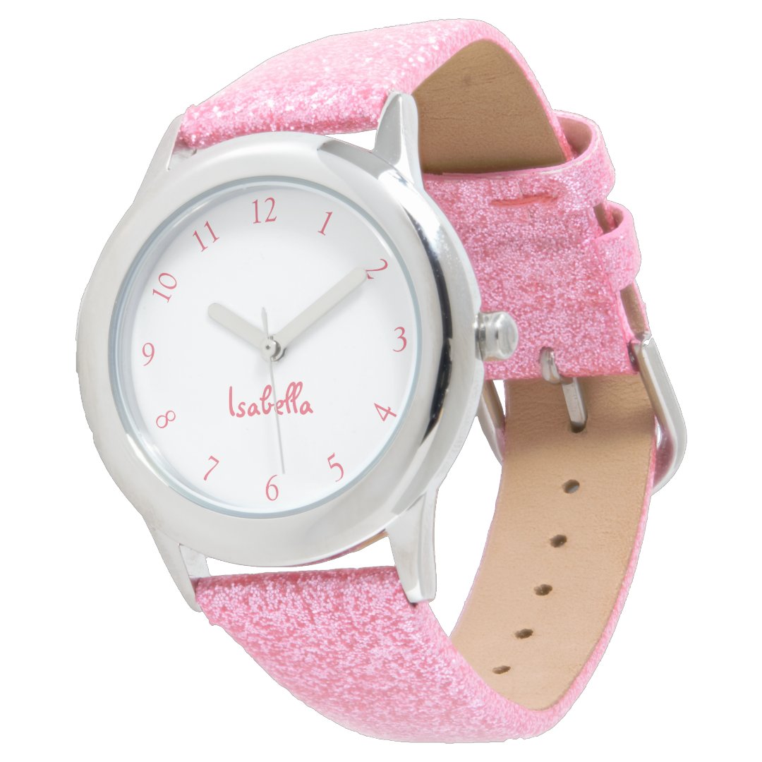 Custom Girls Name Pink Glitter Strap Kids Watch | Zazzle