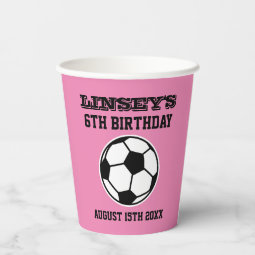 Custom girl's soccer sports Birthday party pink Paper Cups | Zazzle