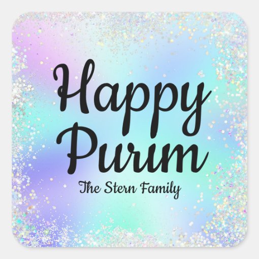 Custom Glitter Pastel Jewish Happy Purim Square Sticker | Zazzle