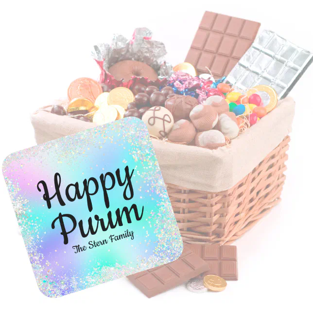 Custom Glitter Pastel Jewish Happy Purim Square Sticker | Zazzle