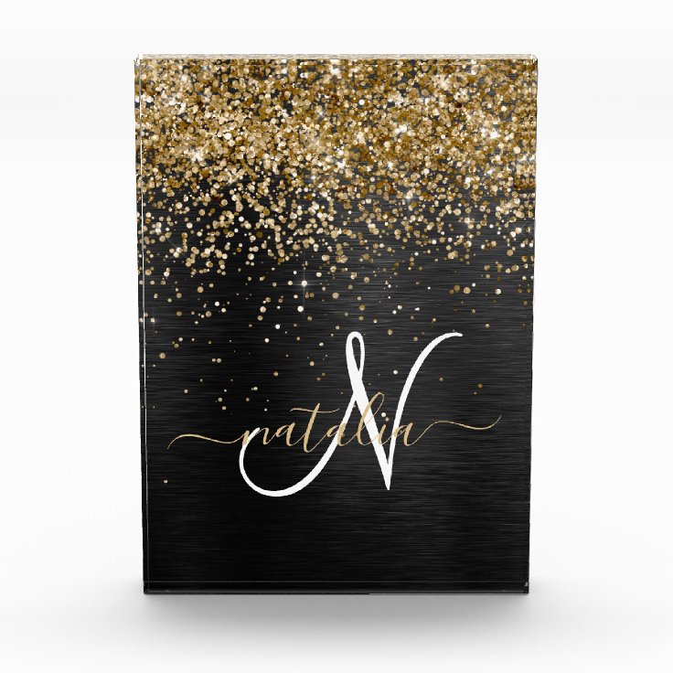 Custom Gold Glitter Black Sparkle Monogram Acrylic Award | Zazzle