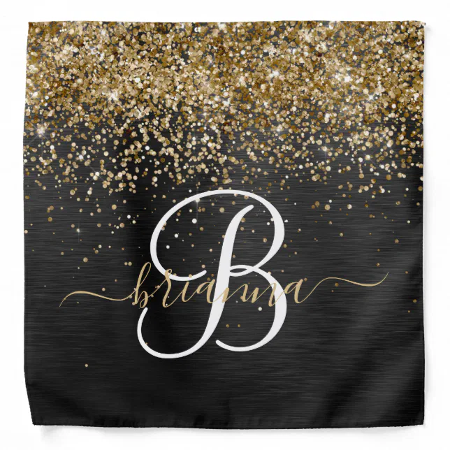 Custom Gold Glitter Black Sparkle Monogram Bandana | Zazzle