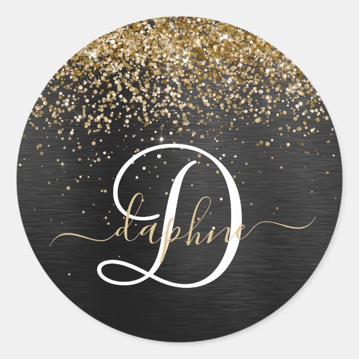 Custom Gold Glitter Black Sparkle Monogram Classic Round Sticker | Zazzle