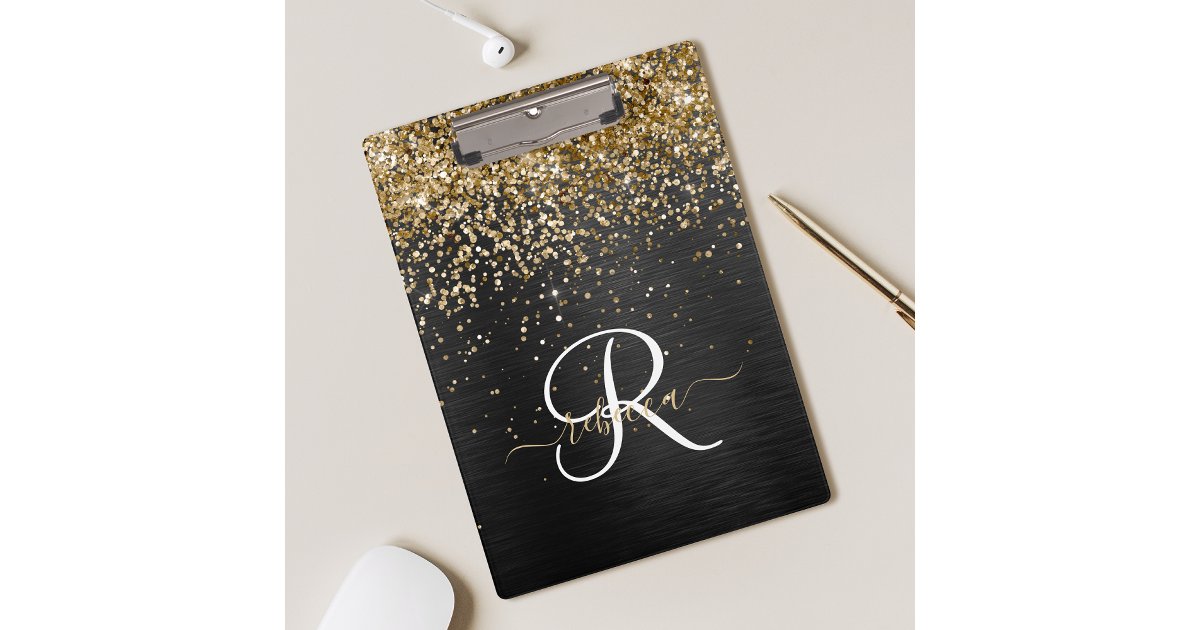Custom Gold Glitter Black Sparkle Monogram Clipboard | Zazzle