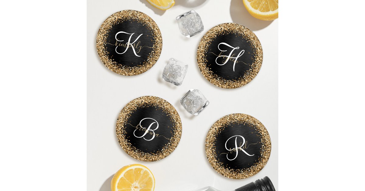 Custom Gold Glitter Black Sparkle Monogram Coaster Set | Zazzle