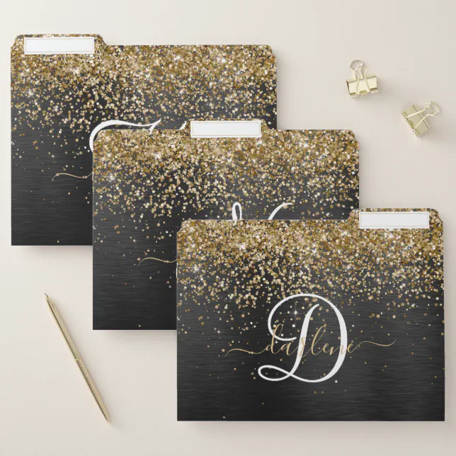 Custom Gold Glitter Black Sparkle Monogram File Folder | Zazzle