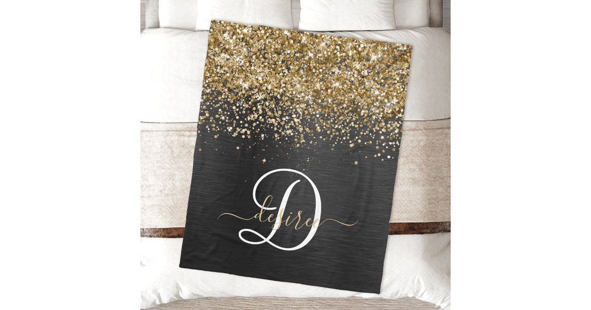 Custom Gold Glitter Black Sparkle Monogram Fleece Blanket | Zazzle