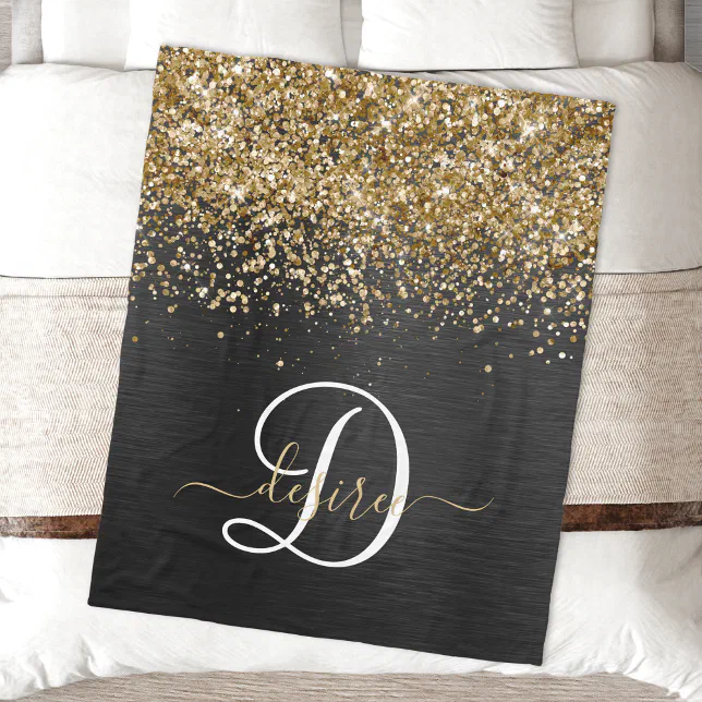 Custom Gold Glitter Black Sparkle Monogram Fleece Blanket | Zazzle