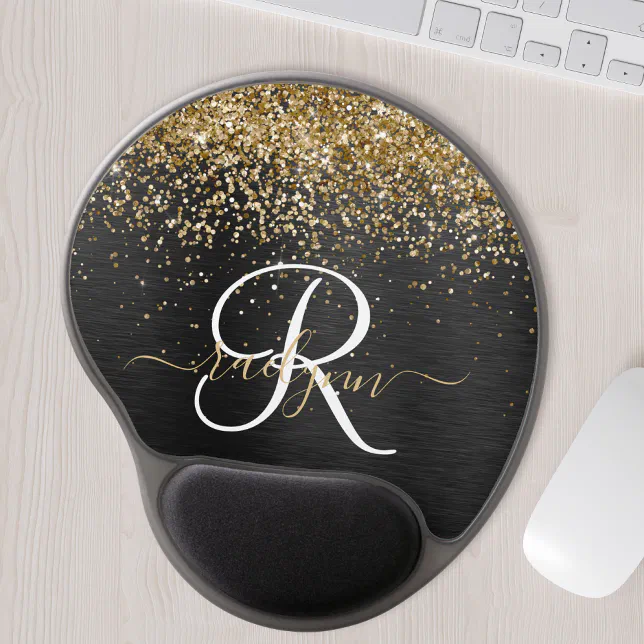Custom Gold Glitter Black Sparkle Monogram Gel Mouse Pad | Zazzle