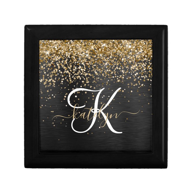 Custom Gold Glitter Black Sparkle Monogram Gift Box | Zazzle