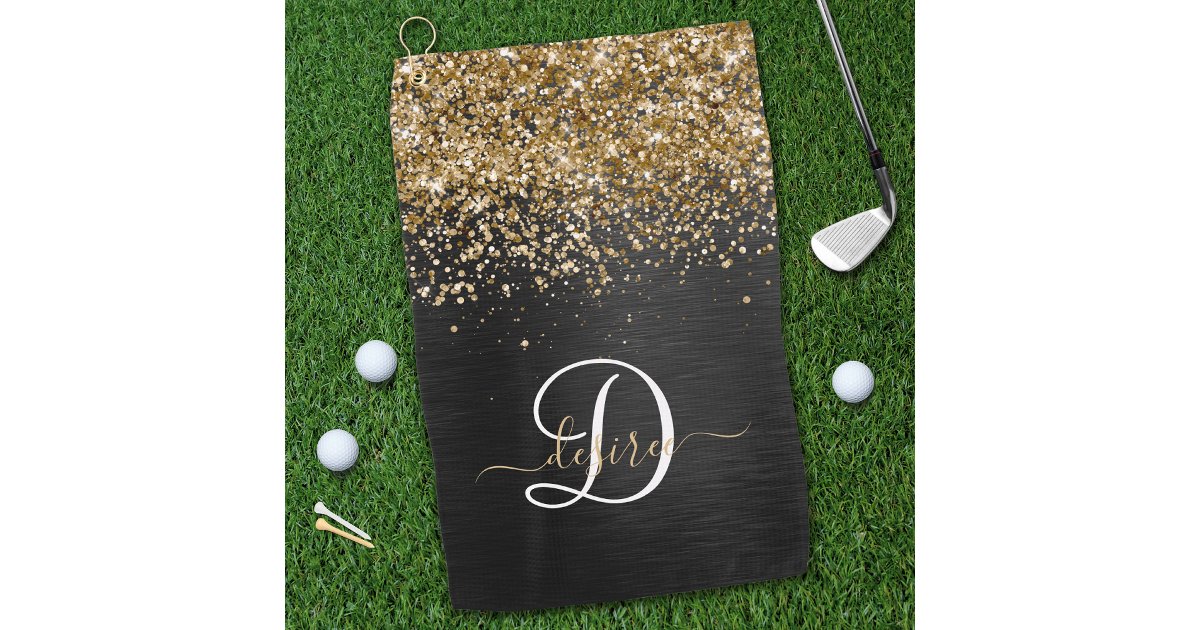 Custom Gold Glitter Black Sparkle Monogram Golf Towel | Zazzle