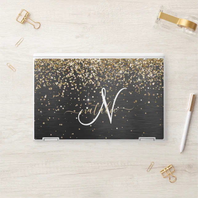 Custom Gold Glitter Black Sparkle Monogram HP Laptop Skin | Zazzle