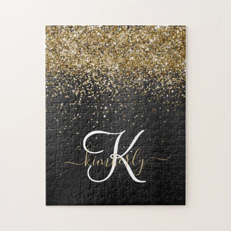 Custom Gold Glitter Black Sparkle Monogram Jigsaw Puzzle | Zazzle