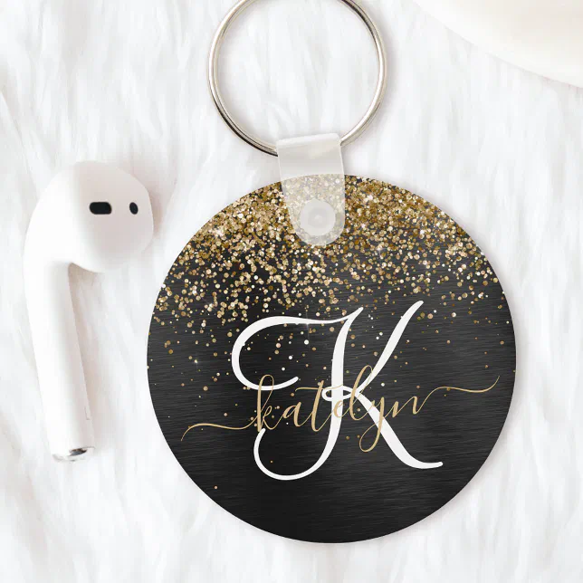 Custom Gold Glitter Black Sparkle Monogram Keychain | Zazzle
