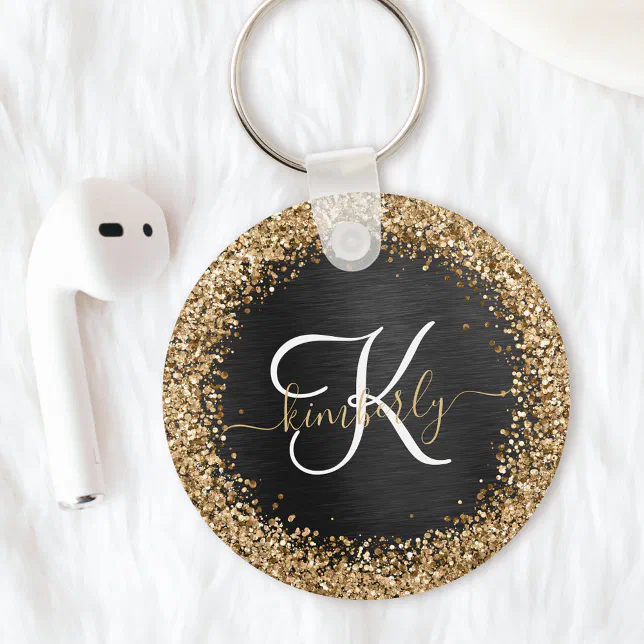 Custom Gold Glitter Black Sparkle Monogram Keychain | Zazzle