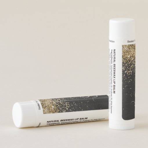 Custom Gold Glitter Black Sparkle Monogram Lip Balm | Zazzle