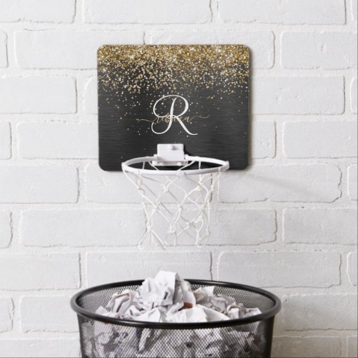 Custom Gold Glitter Black Sparkle Monogram Mini Basketball Hoop | Zazzle