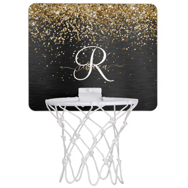 Custom Gold Glitter Black Sparkle Monogram Mini Basketball Hoop | Zazzle