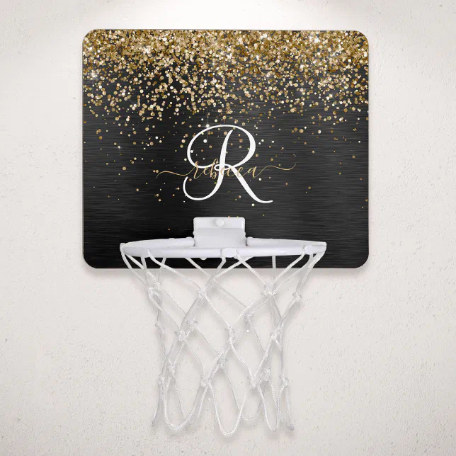 Custom Gold Glitter Black Sparkle Monogram Mini Basketball Hoop | Zazzle