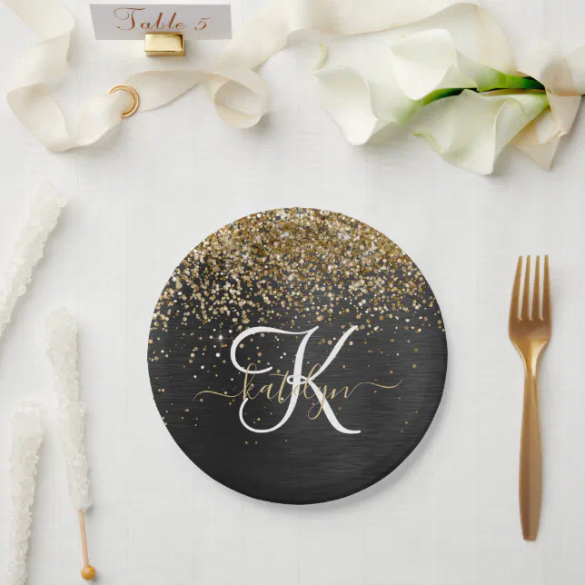 Custom Gold Glitter Black Sparkle Monogram Paper Plates | Zazzle
