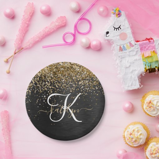 Custom Gold Glitter Black Sparkle Monogram Paper Plates | Zazzle