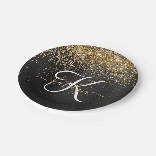 Custom Gold Glitter Black Sparkle Monogram Paper Plates | Zazzle