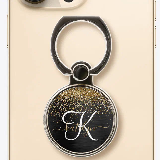 Custom Gold Glitter Black Sparkle Monogram Phone Ring Stand | Zazzle