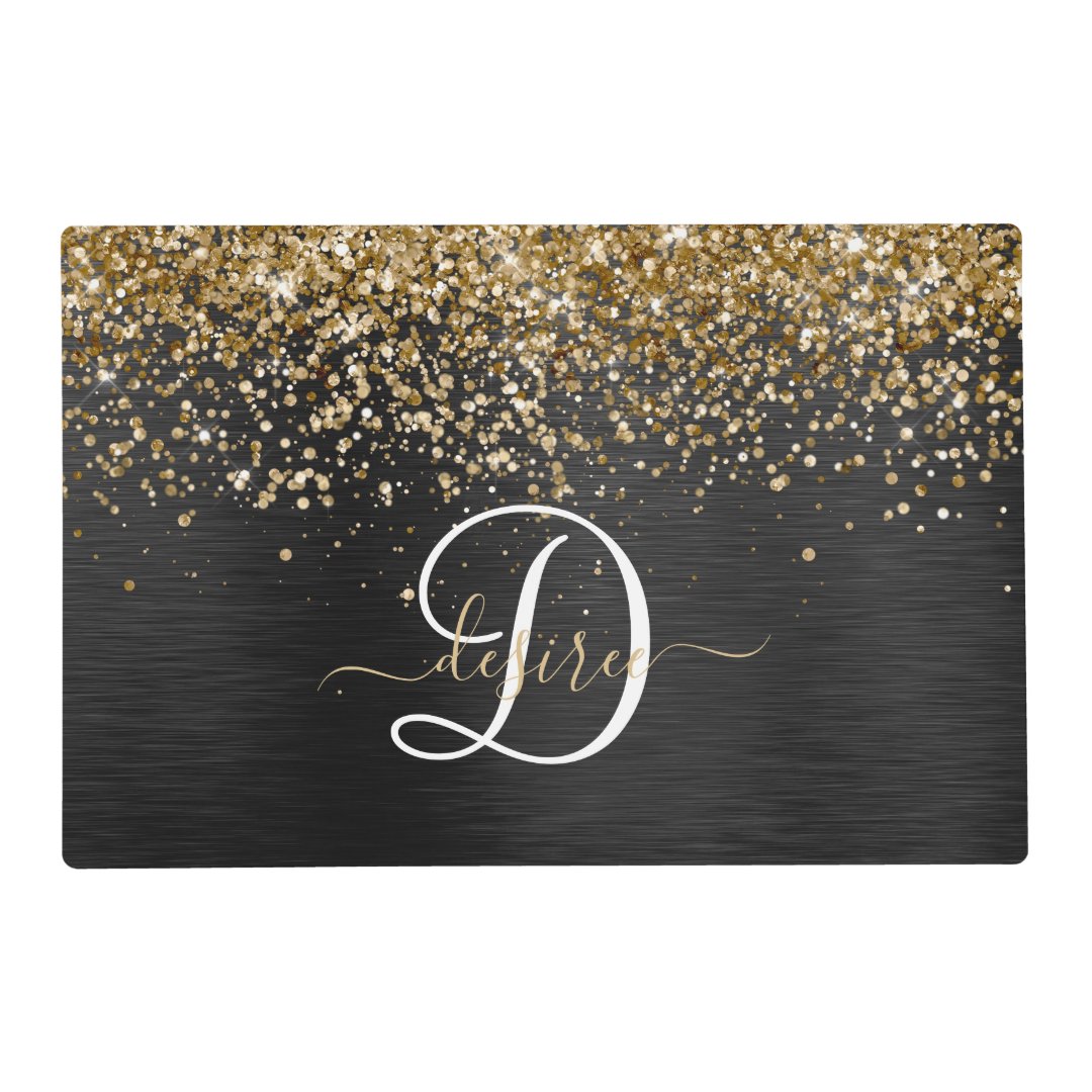 Custom Gold Glitter Black Sparkle Monogram Placemat | Zazzle
