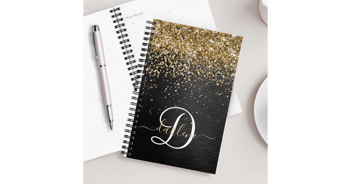 Custom Gold Glitter Black Sparkle Monogram Planner | Zazzle