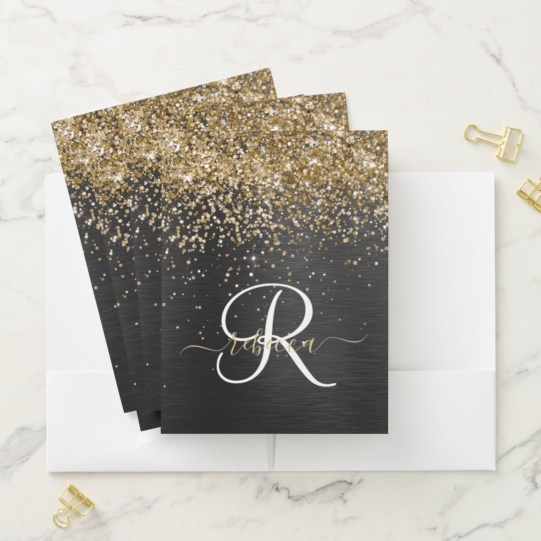 Custom Gold Glitter Black Sparkle Monogram Pocket Folder | Zazzle