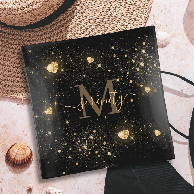 Custom Gold Glitter Black Sparkle Monogram Trinket Tray | Zazzle