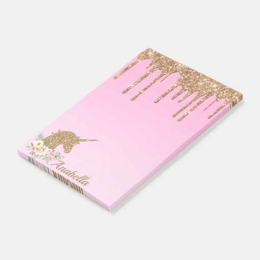 Custom Gold Glitter Drips Pink Floral Unicorn Post-it Notes | Zazzle